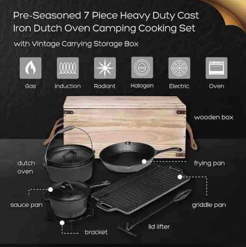 7 Piece Heavy Duty Cast Iron Dutch oven Cook Set – B35T