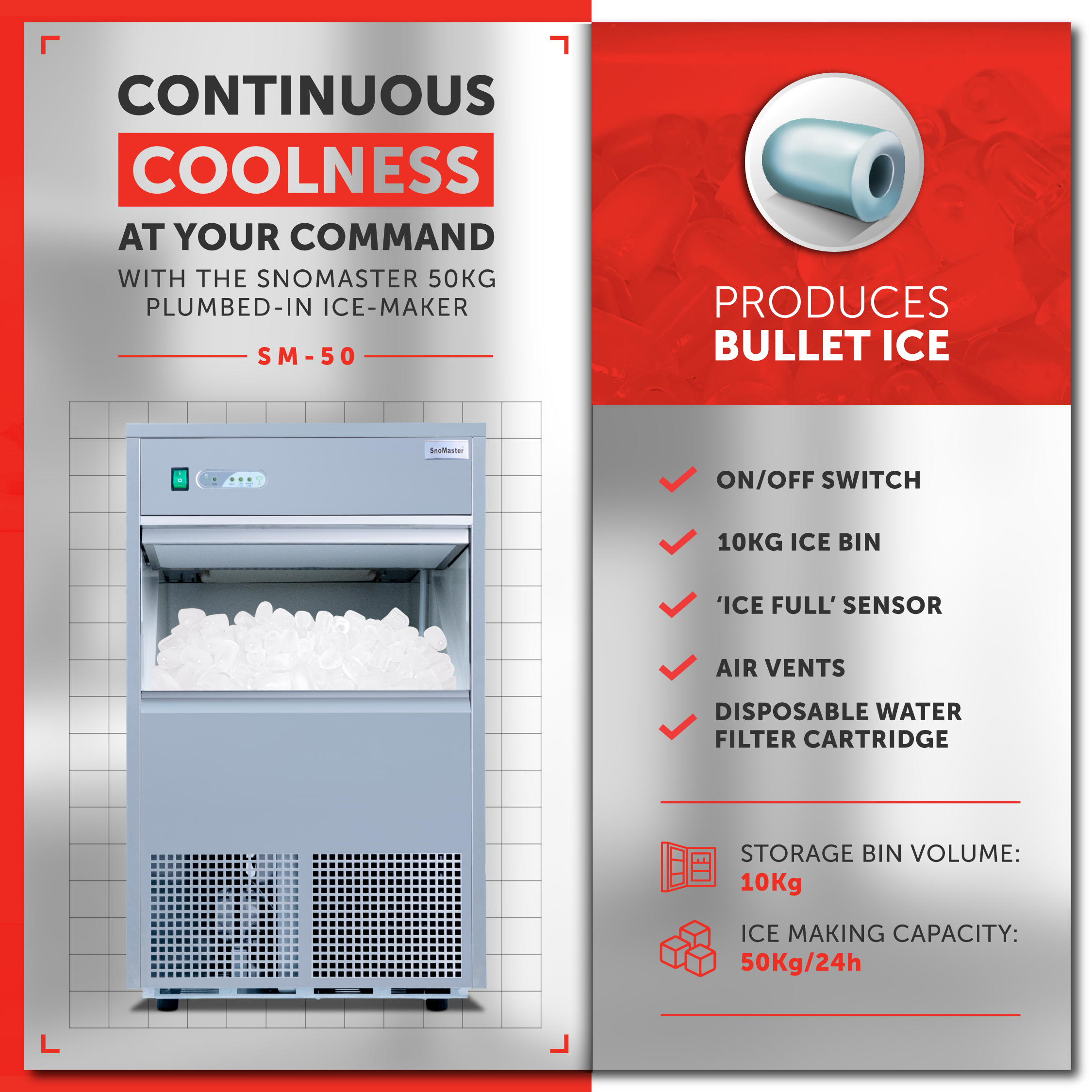 SnoMaster SM-50 50KG/24HR PLUMBED-IN BULLET TYPE ICE-MAKER – STAINLESS ...