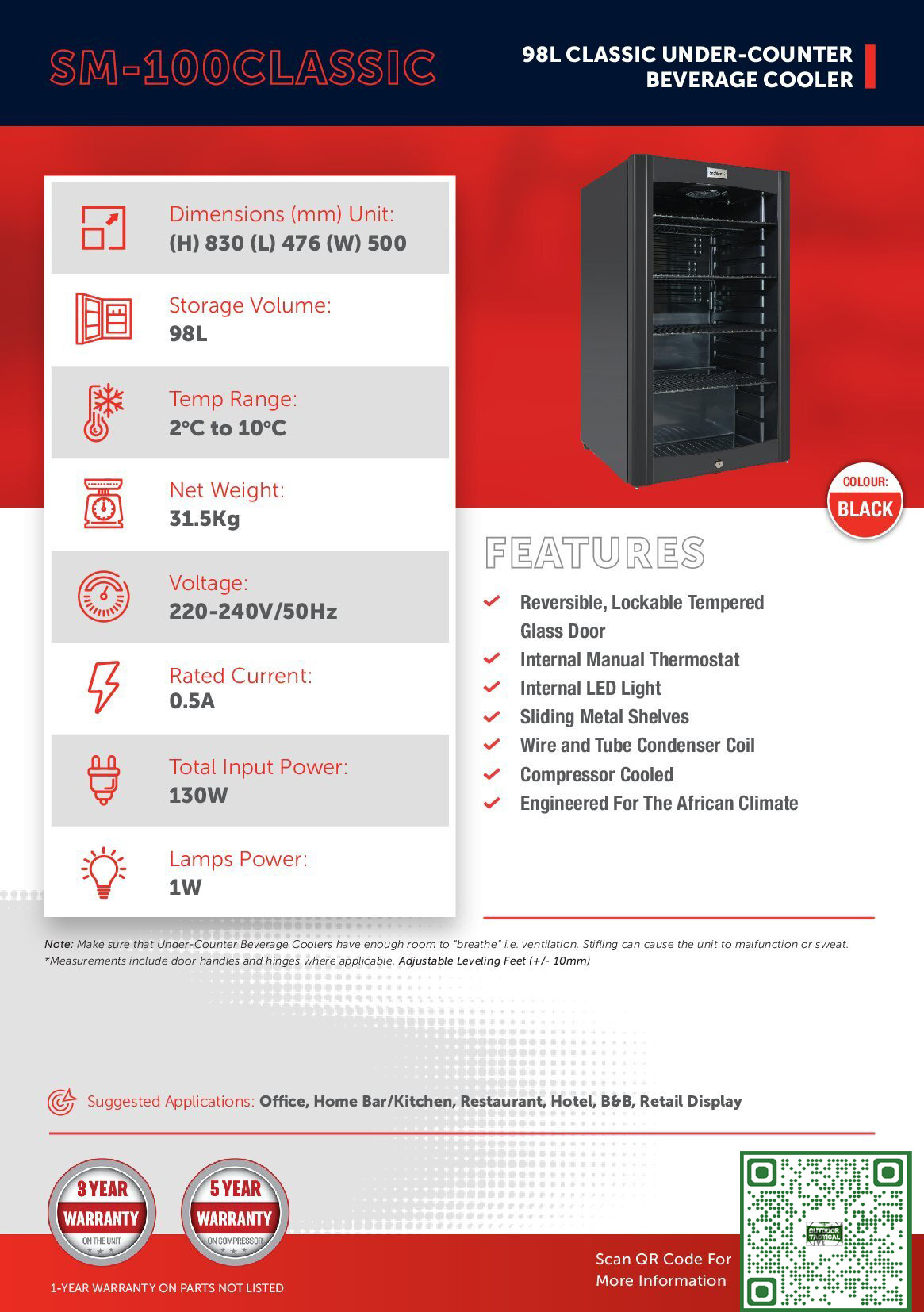 SnoMaster SM-100CLASSIC 98L CLASSIC UNDER-COUNTER BEVERAGE COOLER – B35T