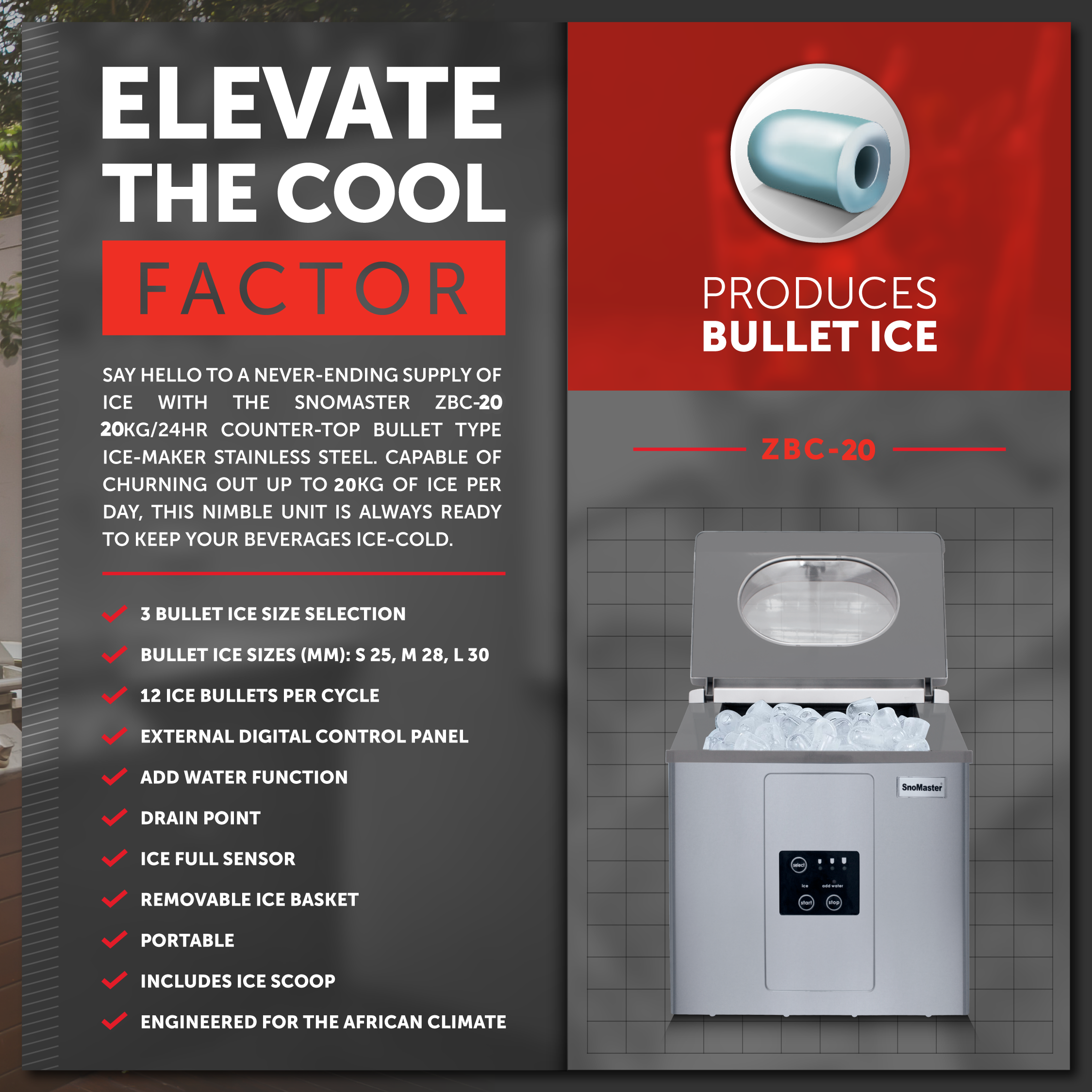 SnoMaster ZBC-20 20KG/24HR COUNTER-TOP BULLET TYPE ICE-MAKER ...